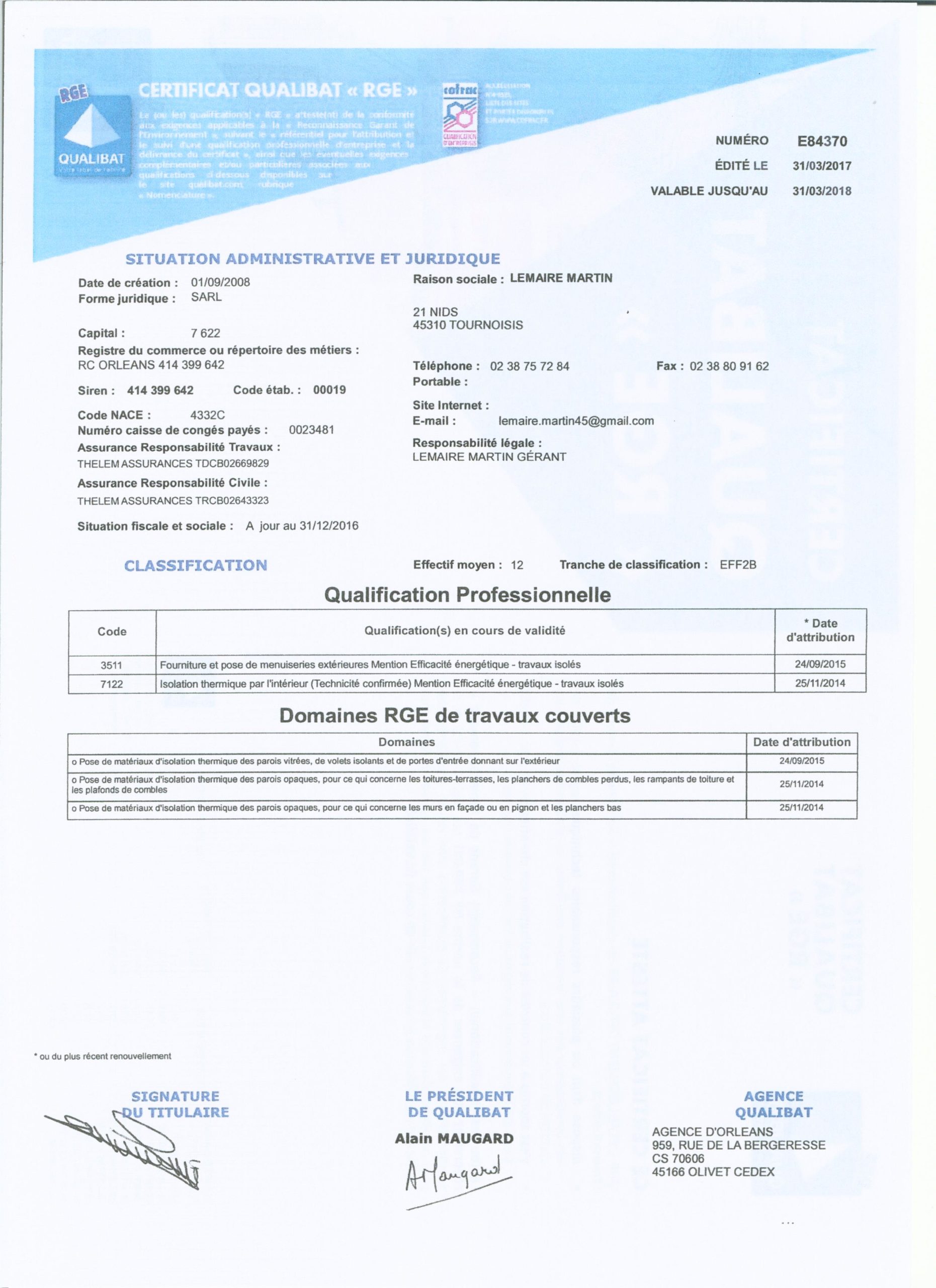 Nos qualifications RGE - Lemaire Martin